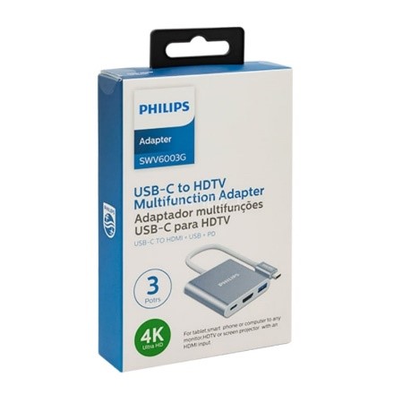 Adaptador Multipuerto HUB Philips 3 en 1 (HDMI, USB-C, USB-A, Blanco) - Comercialgae